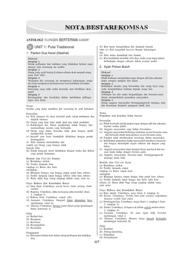 Nota Bestari Komsas Antologi Tingkatan 1 | PDF