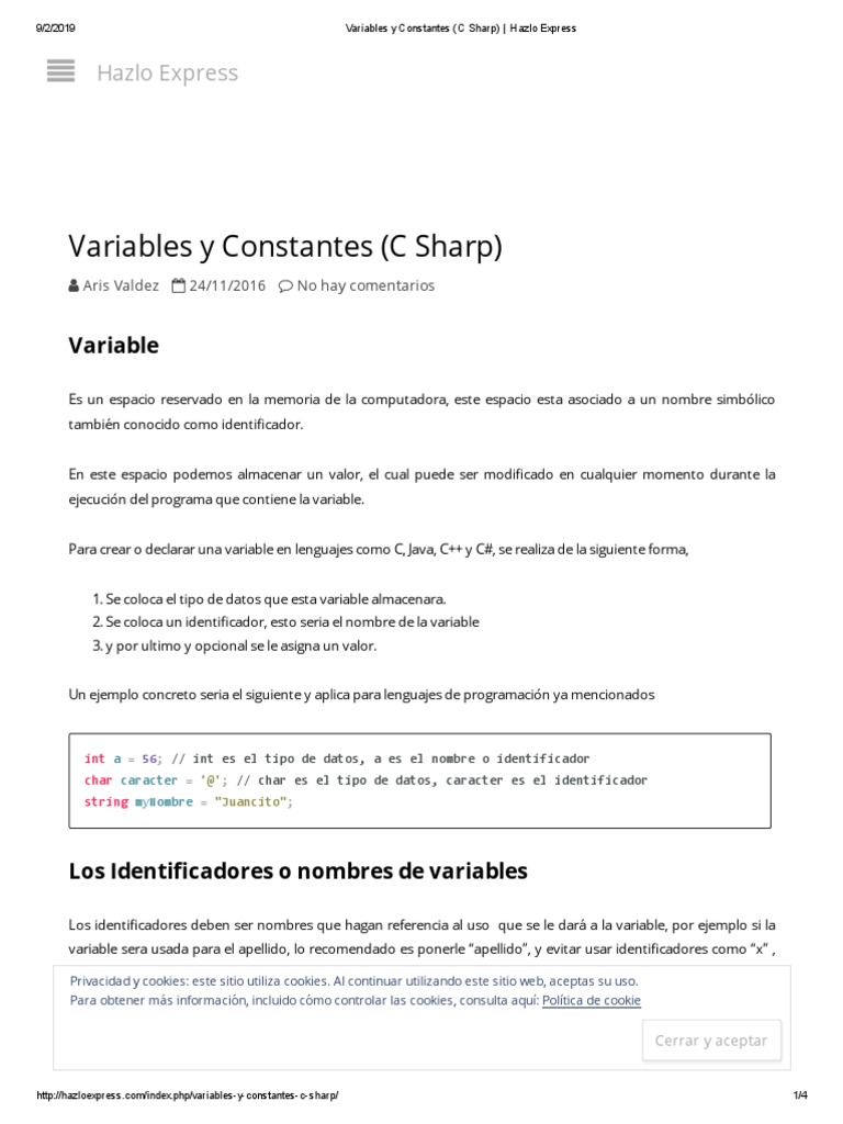 Variables y Constantes C# | PDF | Variable (informática) | C Sharp ...