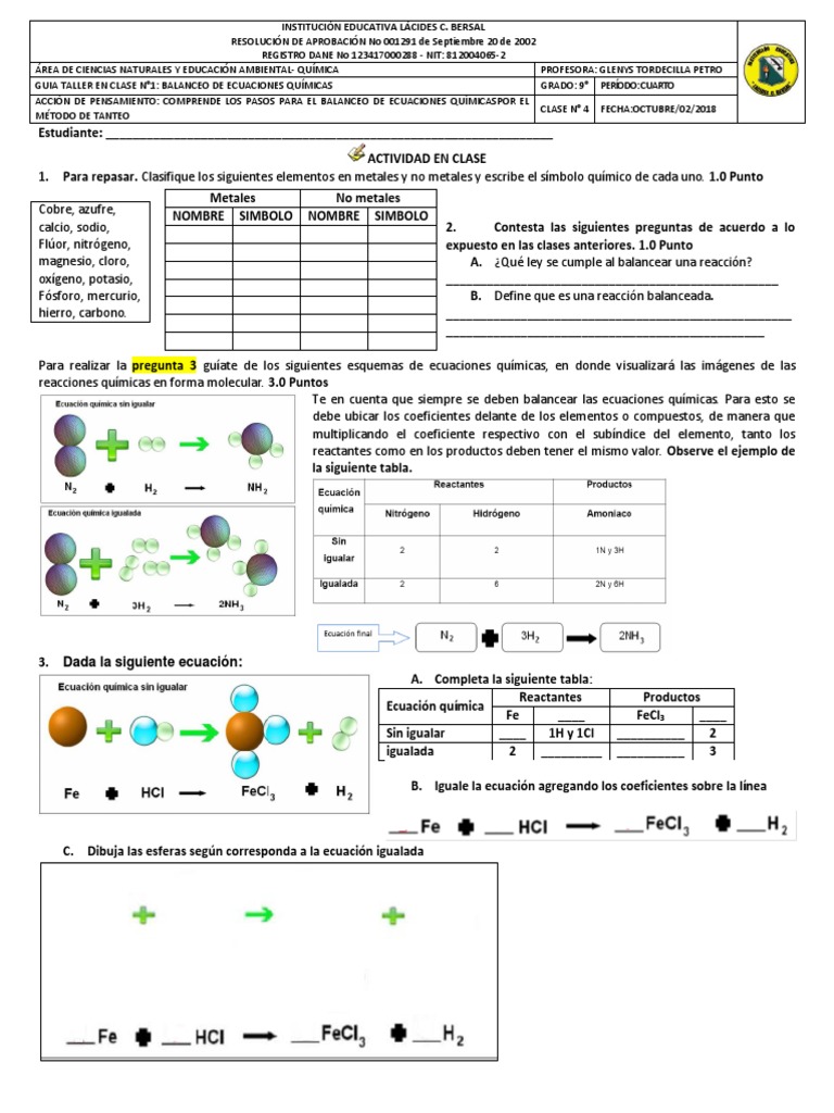 Guia Taller N°1-Balanceo de ecuaciones | Estequiometría | Química