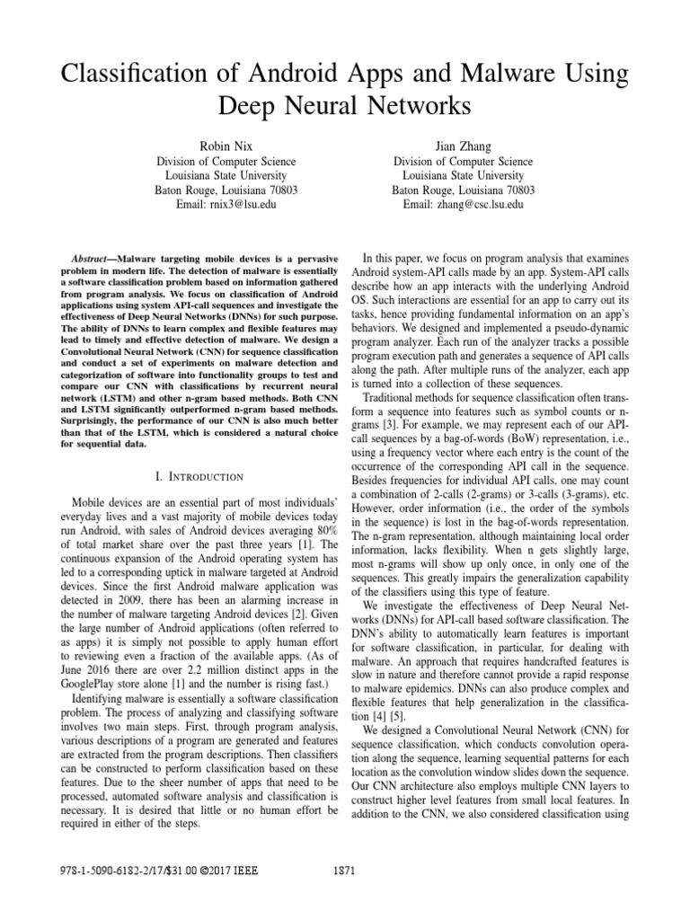 Classification of Android Apps and Malware Using Deep Neural Networks | PDF | Deep Learning ...