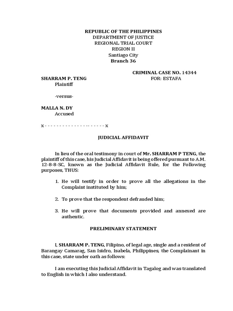 Judicial Affidavit for Estafa | Affidavit | Testimony