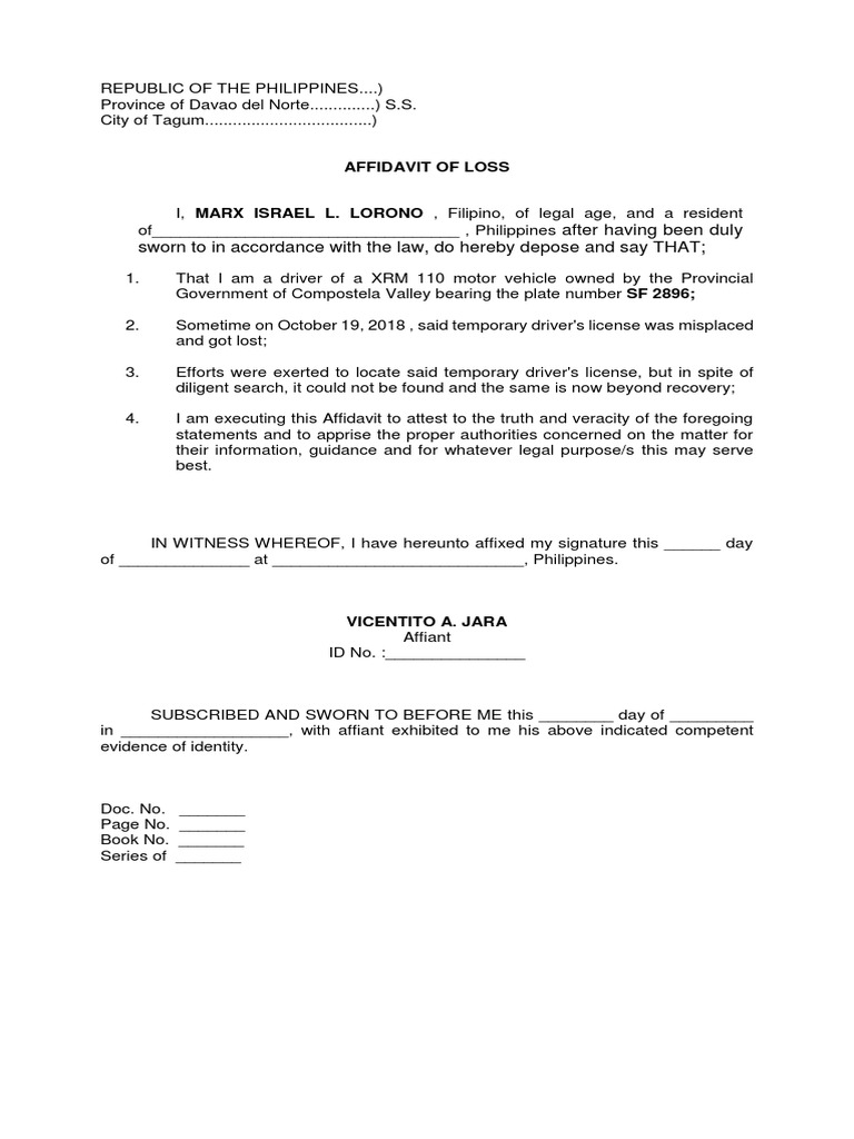 Affidavit of Loss - Plate | PDF