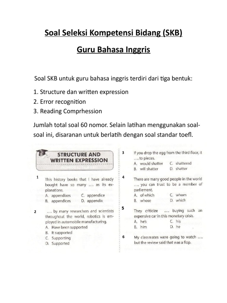 Soal SKB Guru Bahasa Inggris Cpns 2018 | PDF