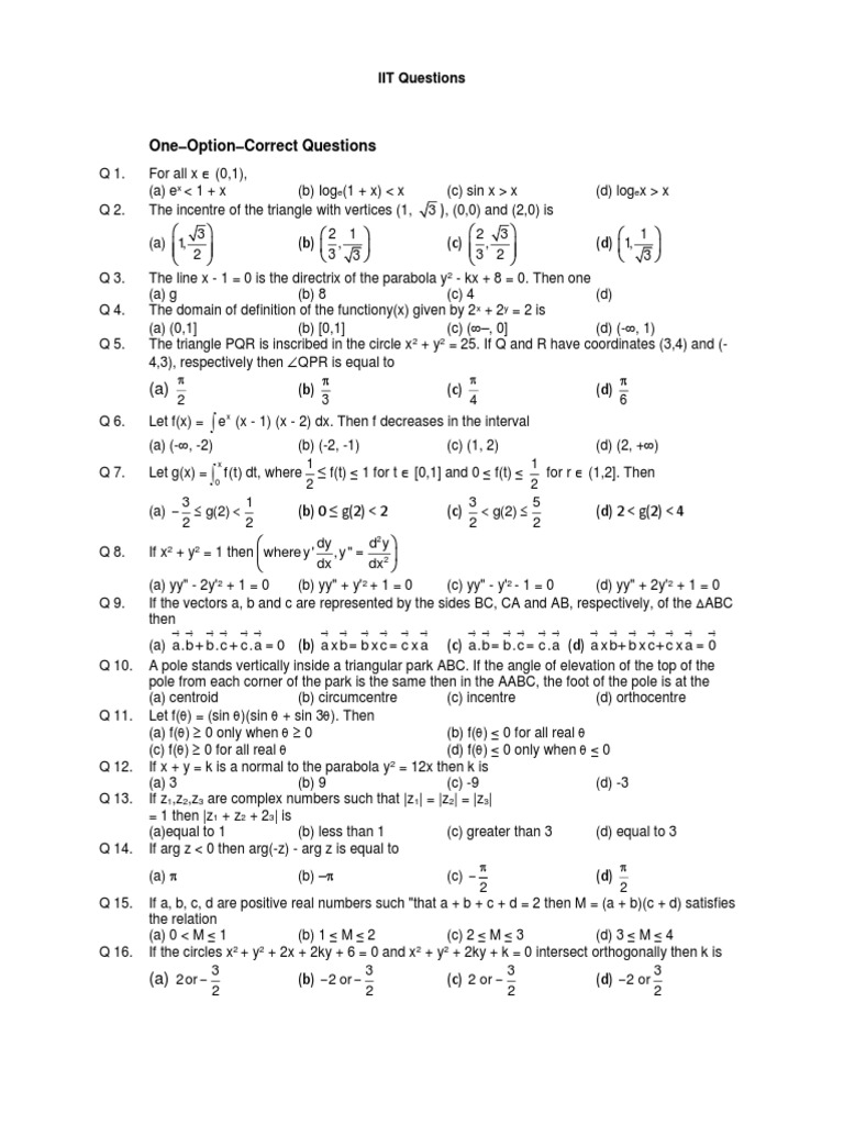 One Option Correct Questions | PDF | Triangle | Mathematical Objects