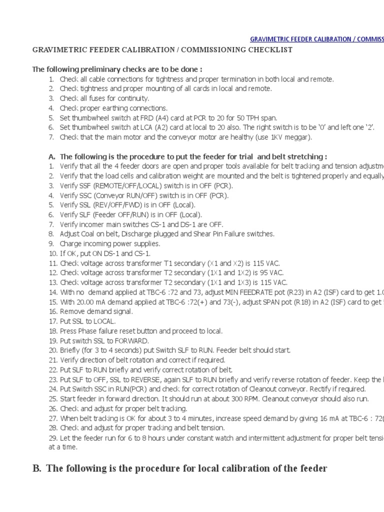 Gravimetric Feeder Calibration / Commissioning Checklist | PDF ...