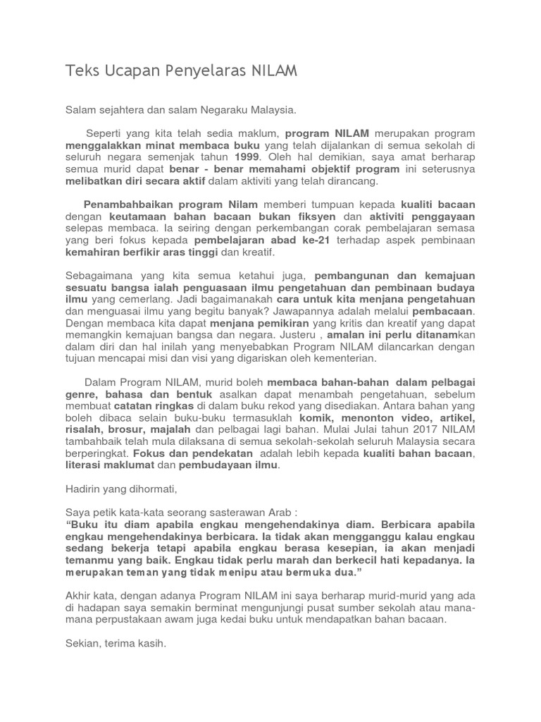 Teks Ucapan Penyelaras NILAM | PDF