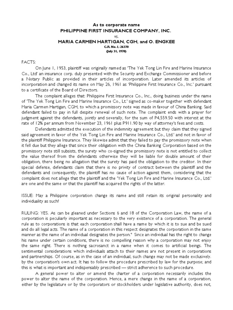 As To Corporate Name Philippine First Insurance Company, Inc. Maria ...