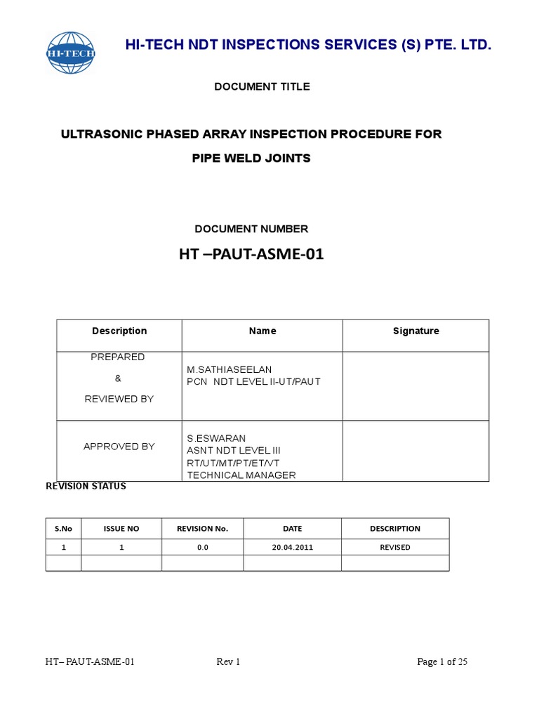 HT - Paut-Asme-01: Hi-Tech NDT Inspections Services (S) Pte. LTD | PDF ...
