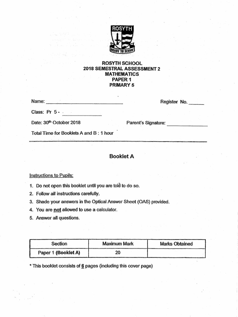 P5 Maths SA2 2018 Rosyth Exam Papers | PDF