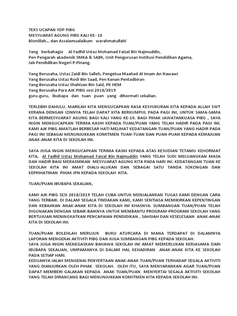 Teks Ucapan Ydp Pibg | PDF