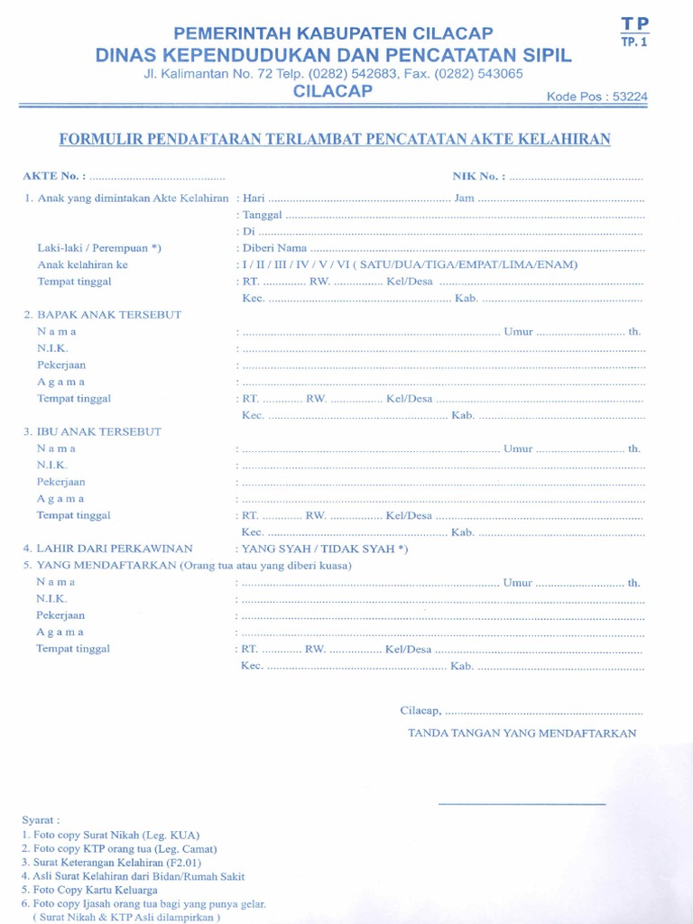 Formulir Pendaftaran Terlambat Pencatatan Akte Kelahiran | PDF