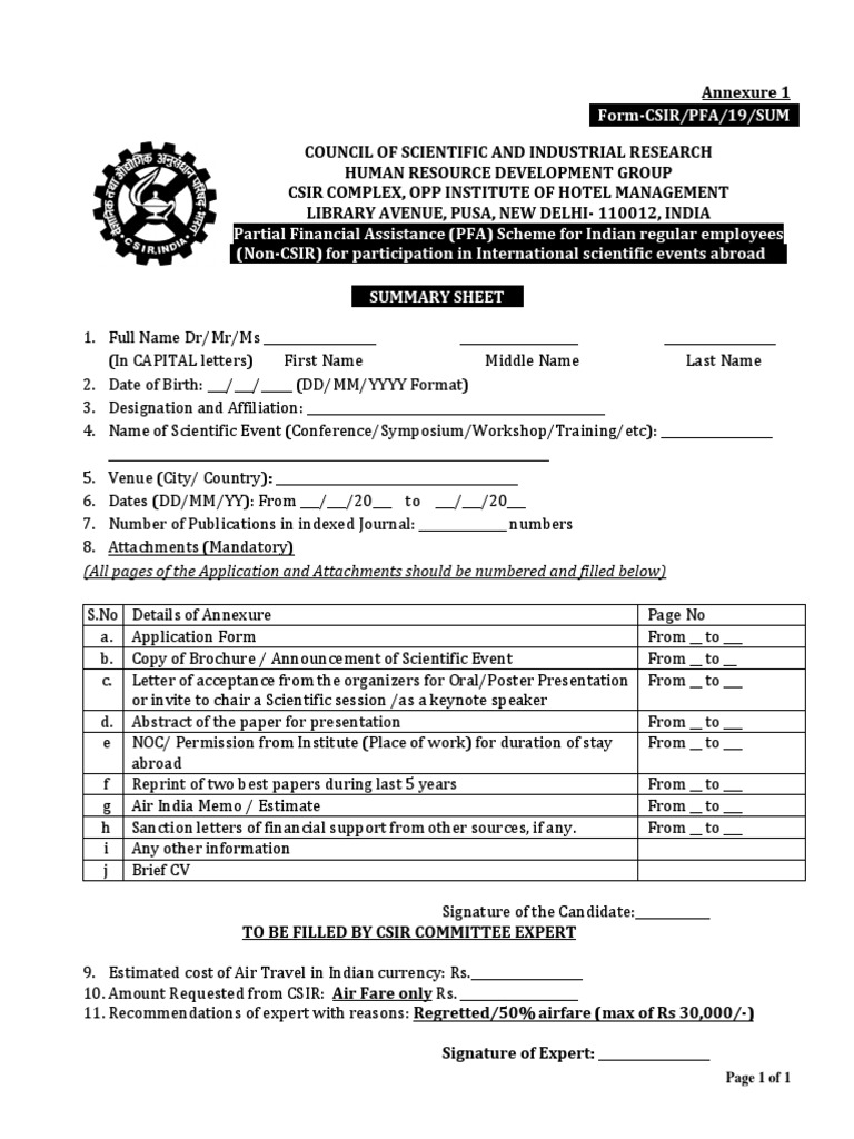 Form-CSIR/PFA/19/SUM: (All Pages of The Application and Attachments ...