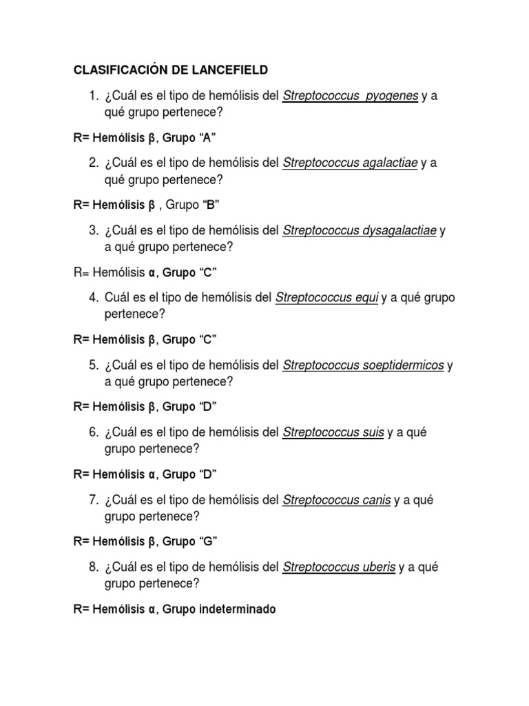 Clasificación de Streptococcus según Lancefield | PDF