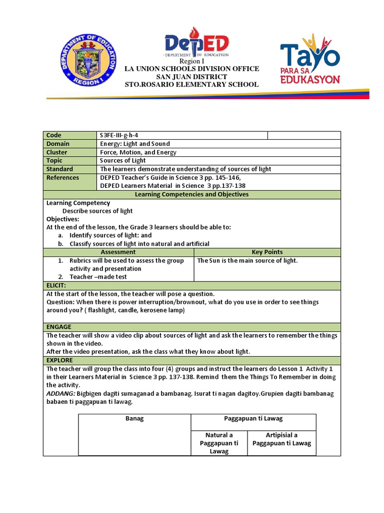 7e's Lesson Plan in Science 3 | PDF | Lesson Plan | Light