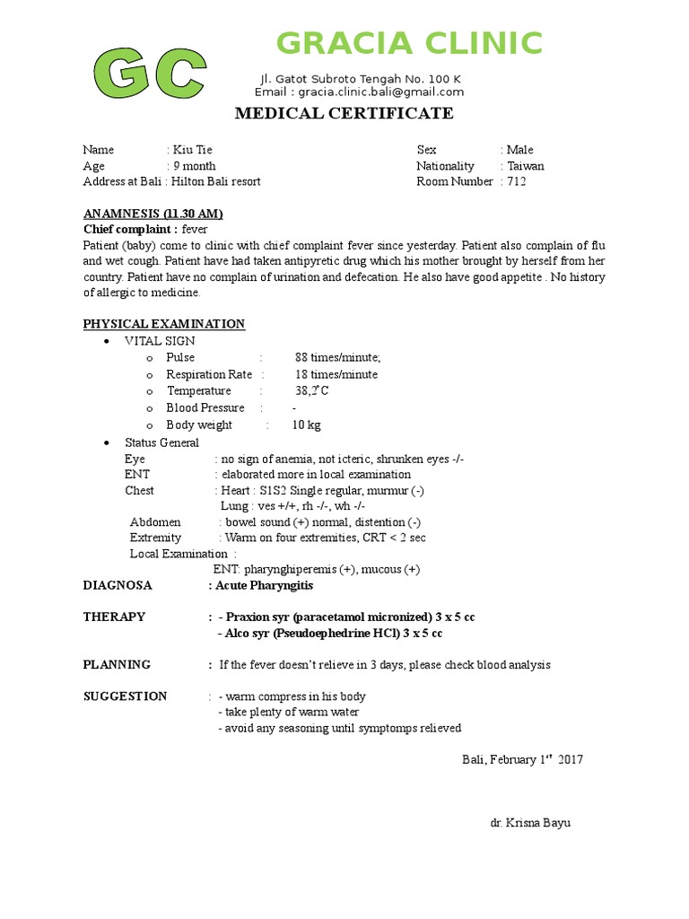 Gracia Clinic: Medical Certificate | PDF