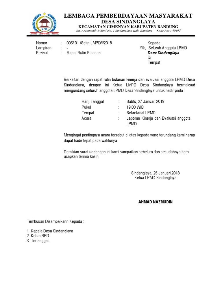 Undangan Rapat Bulanan LPMD Desa | PDF