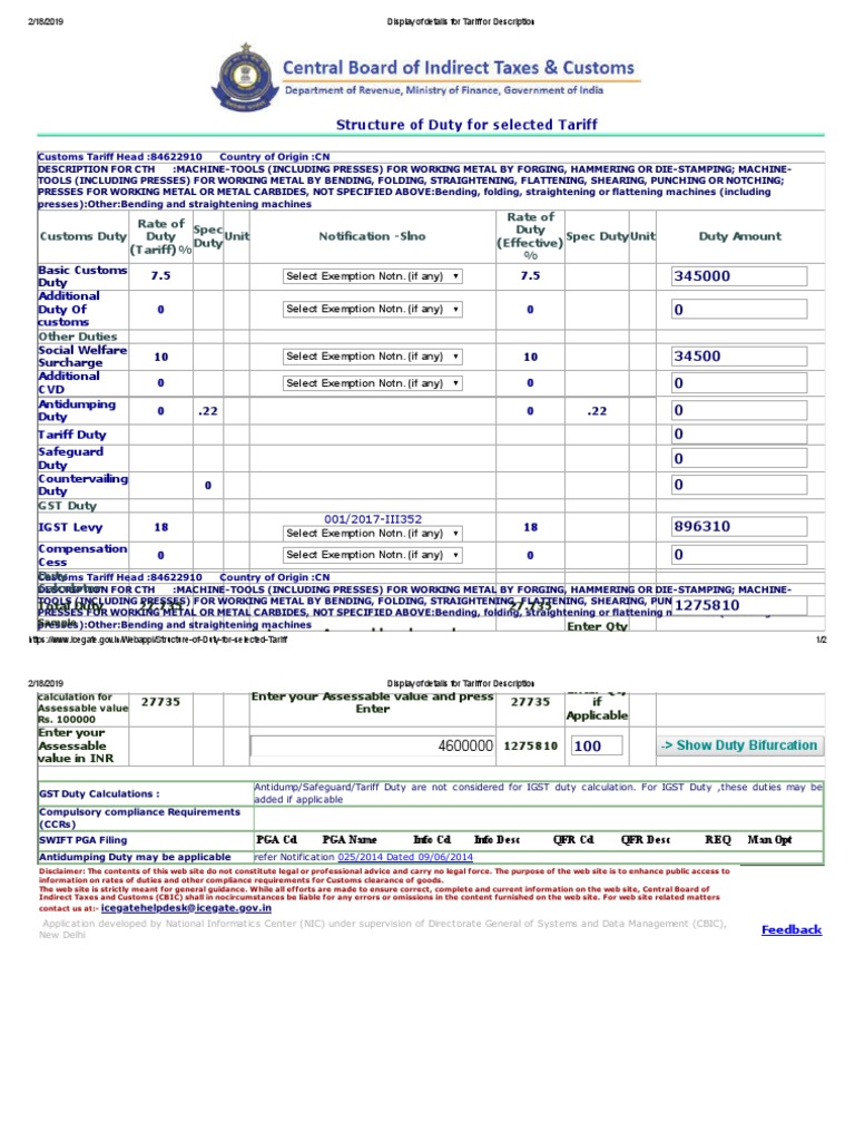 Customs Duty Structure for CTH 84622910 | PDF | Tariff | Customs