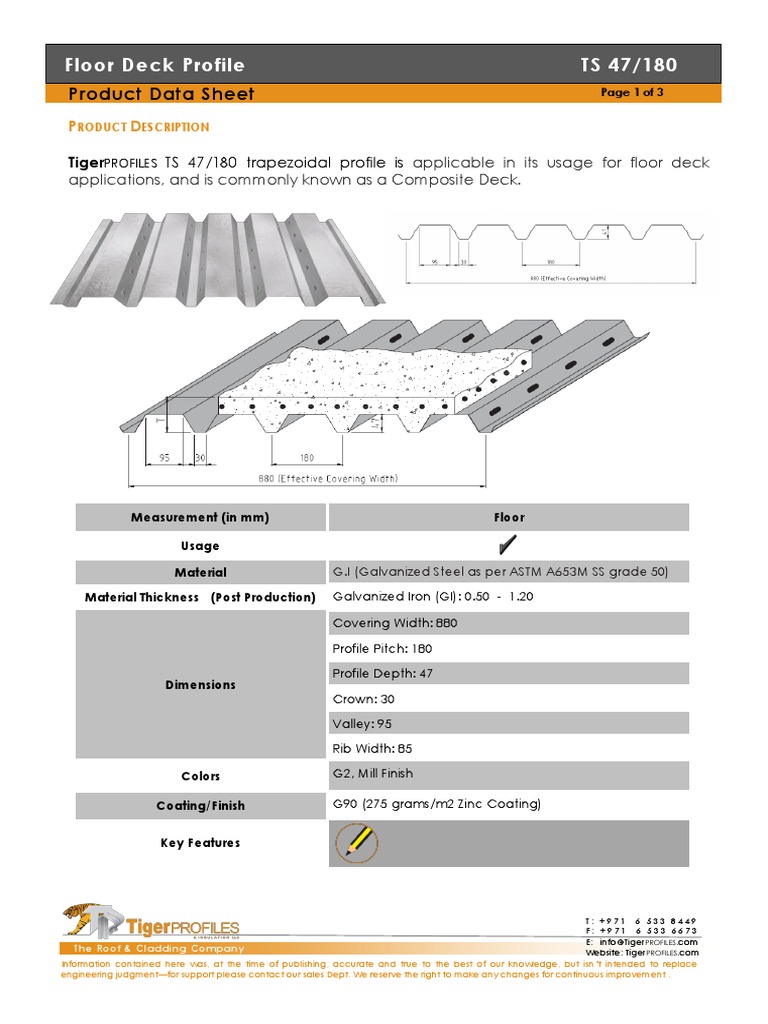 Floor Deck Profile TS 47/180: Product Data Sheet | PDF | Bending ...