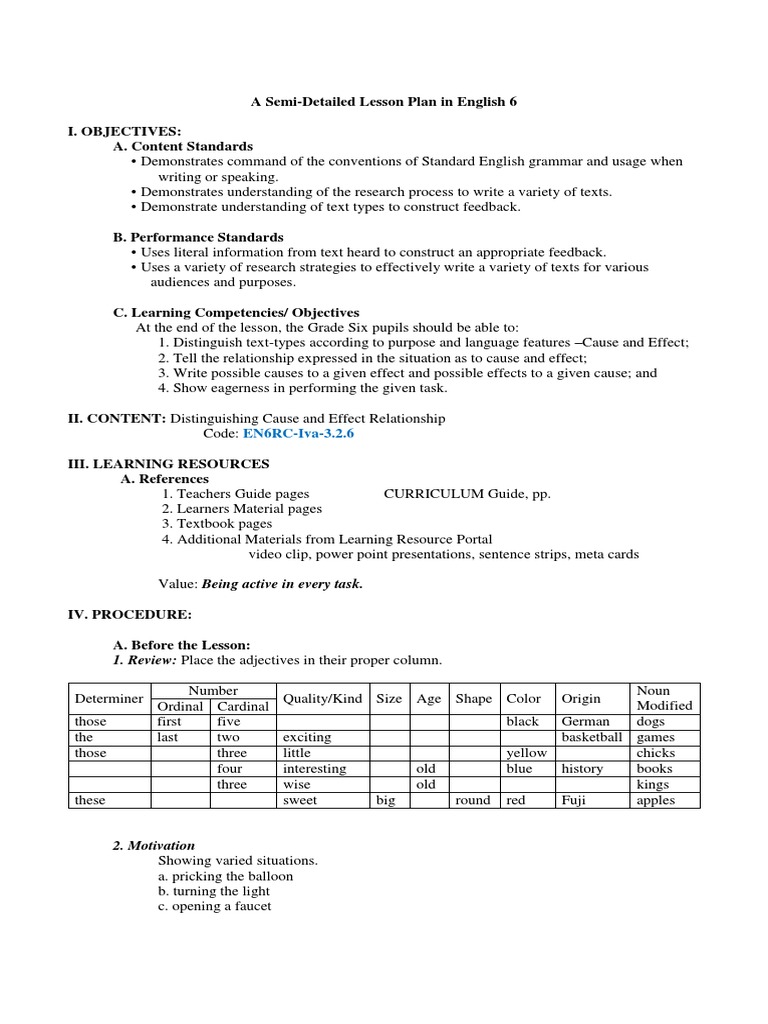 Cause and Effect Lesson Plan for Grade 6 | PDF | English Grammar ...
