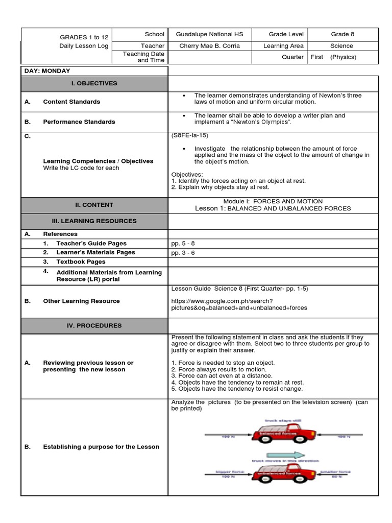 DLL Science 8 1st Quarter | PDF | Inertia | Force