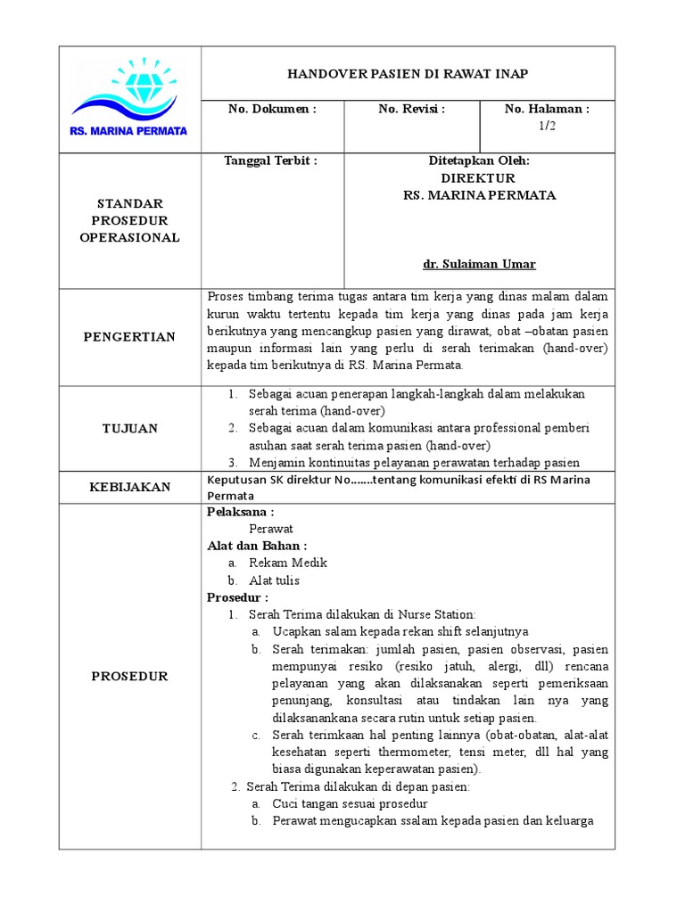SOP HANDOVER Rawat Inap | PDF