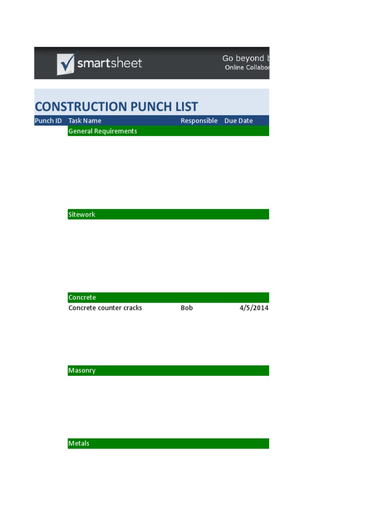 Construction Punch List: Punch ID Task Name Responsible Due Date ...