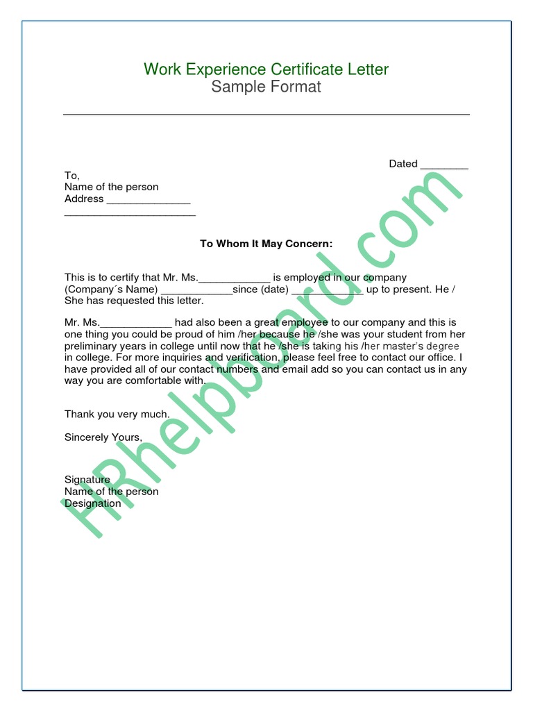 Work Experience Certificate Letter: Sample Format | PDF