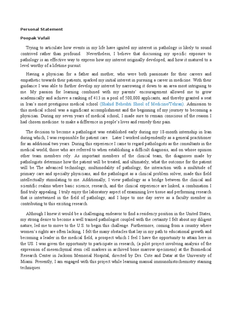 General Personal Statement For Evey Program | PDF | Pathology | Medical ...