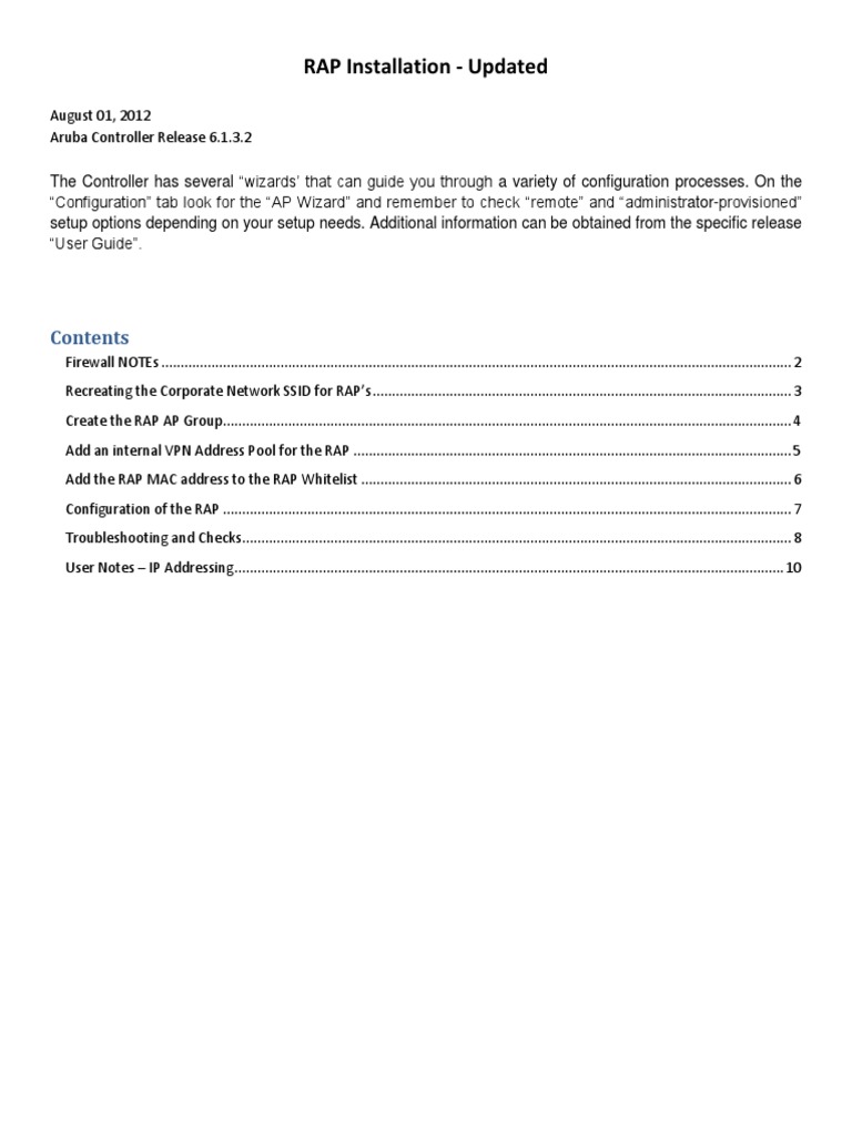 Aruba RAP Configuration Guide | PDF | Ip Address | Wireless Lan