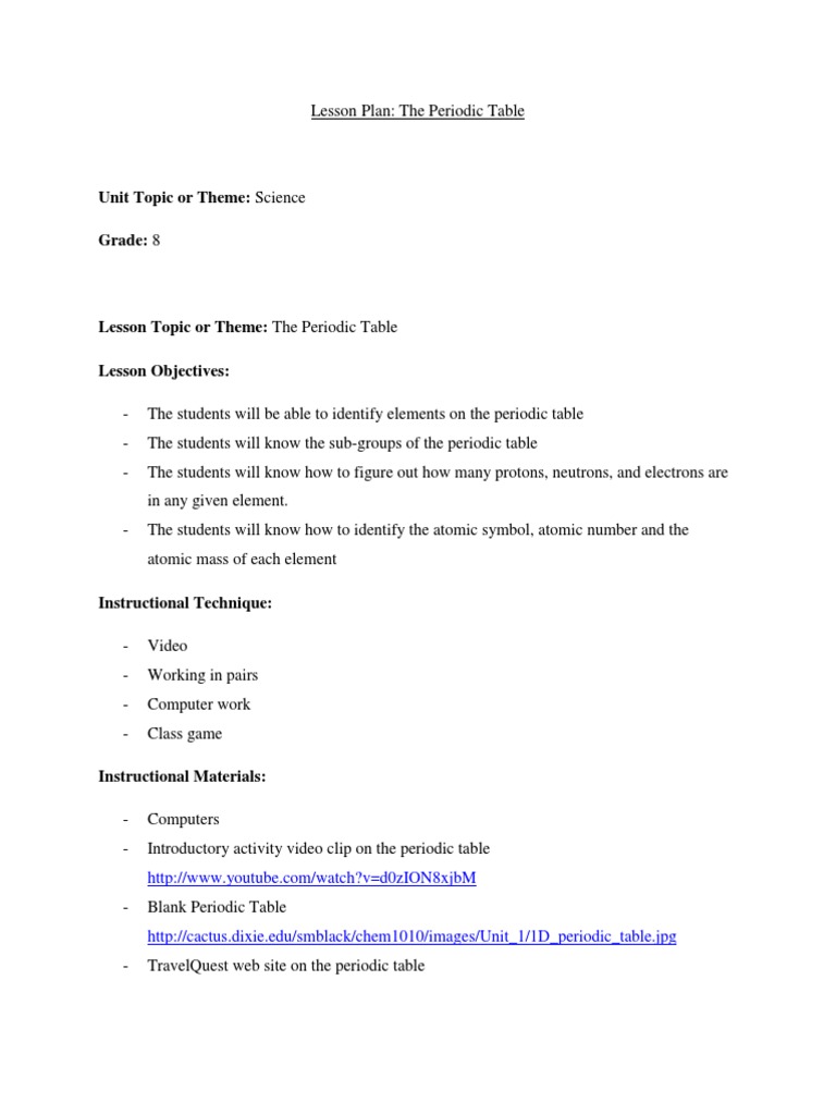 Lesson Plan - Periodic Table | PDF | Periodic Table | Chemical Elements