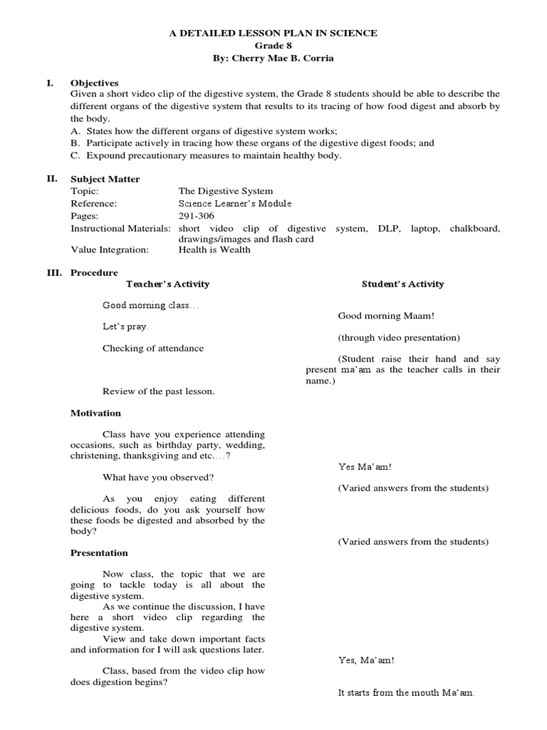 A Detailed Lesson Plan in Science Grade 8 By: Cherry Mae B. Corria ...
