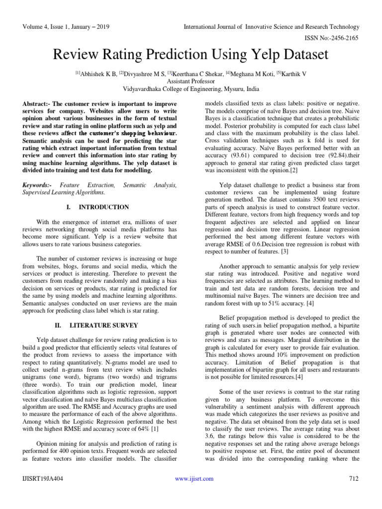 Review Rating Prediction Using Yelp Dataset Pdf