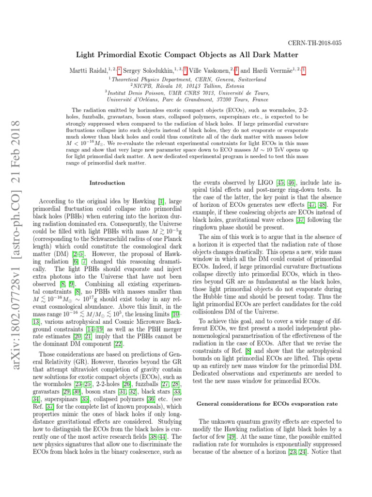 Light Primordial Exotic Compact Objects As All Dark Matter | PDF ...