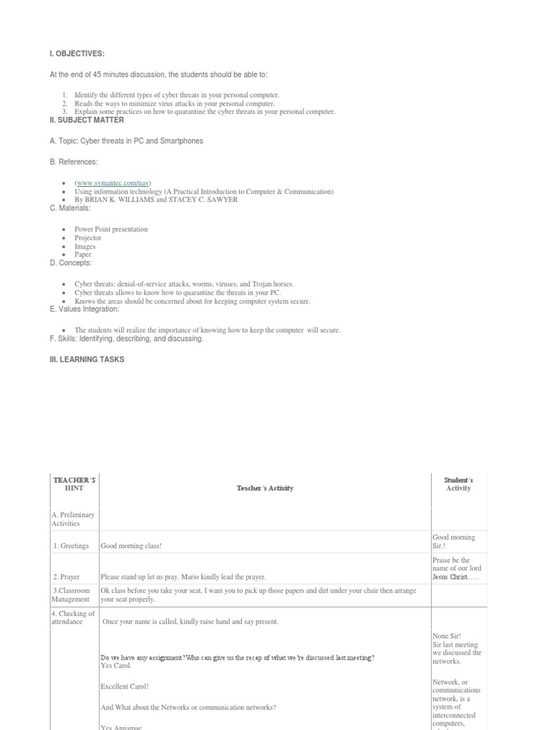 DETAILED Lesson PLAN ICT | PDF | Computer Virus | Malware