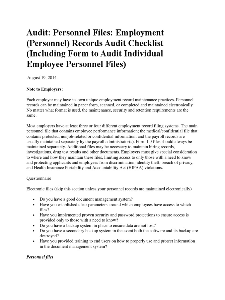 Audit: Personnel Files: Employment (Personnel) Records Audit Checklist ...