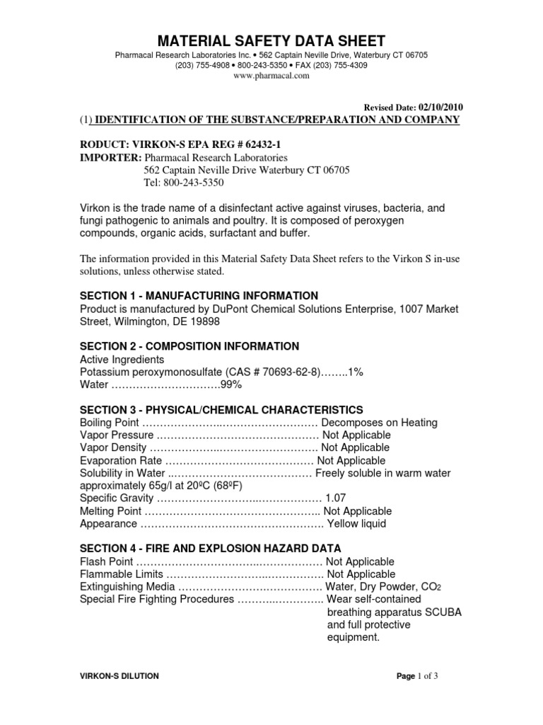 MsDs Virkons Use Dilution | PDF | Toxicity | Chemical Substances