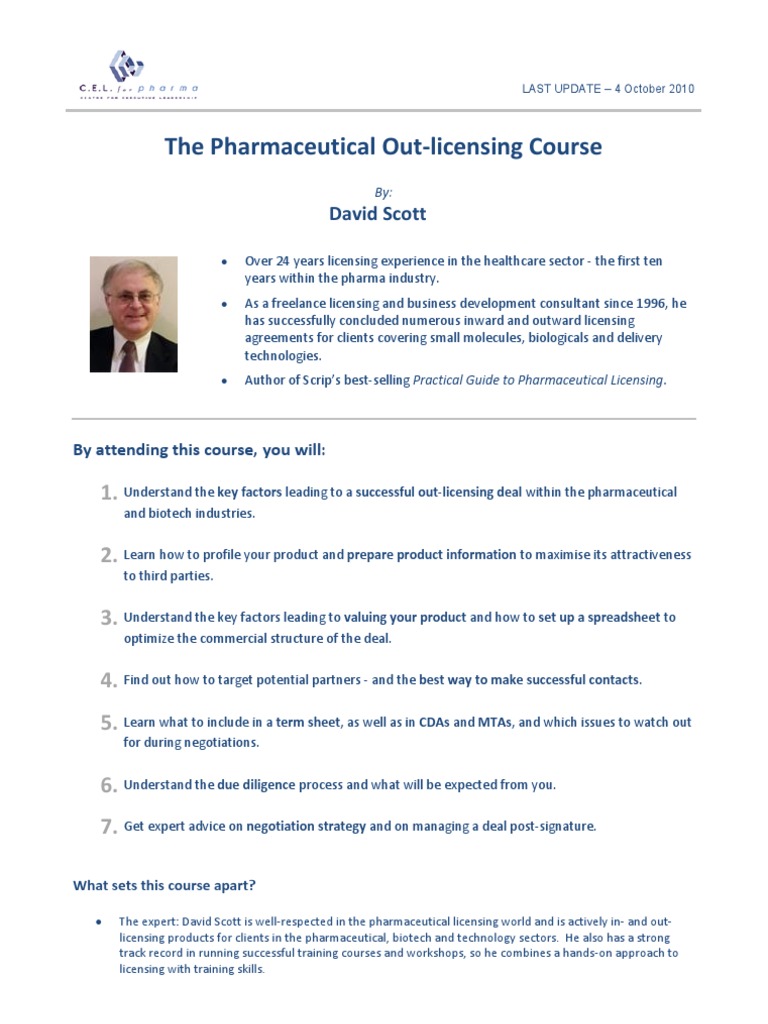 Pharmaceutical Out-Licensing Course | PDF | Consultant | License