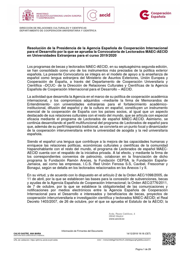 Conv Lectorados 2019-20 - Anexos | PDF | Lengua española | España