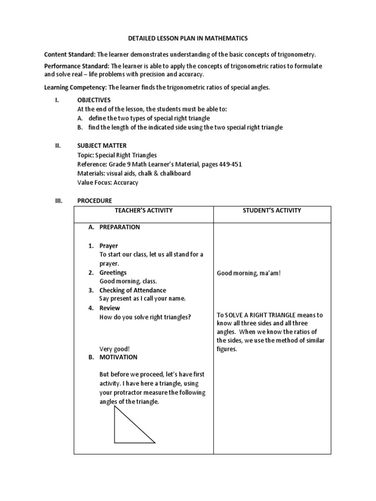 Special Right Triangles Lesson Plan | PDF | Triangle | Trigonometric Functions