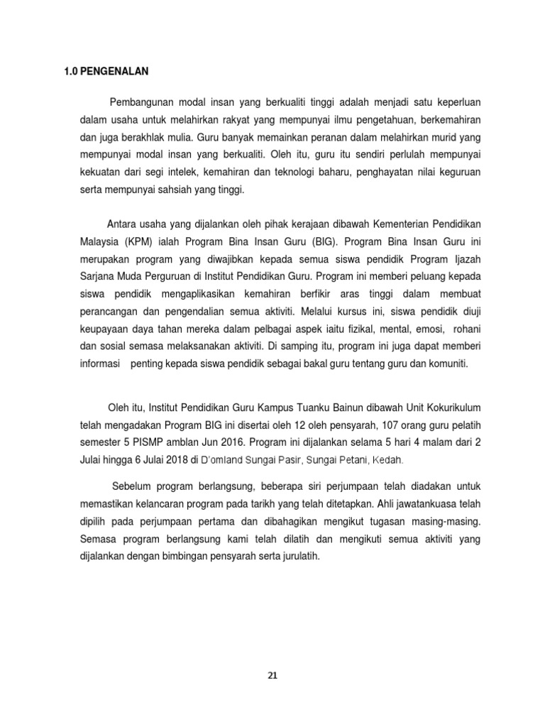 Laporan Bina Insan Guru (BIG) IPG Kampus Tuanku Bainun 2018 | PDF