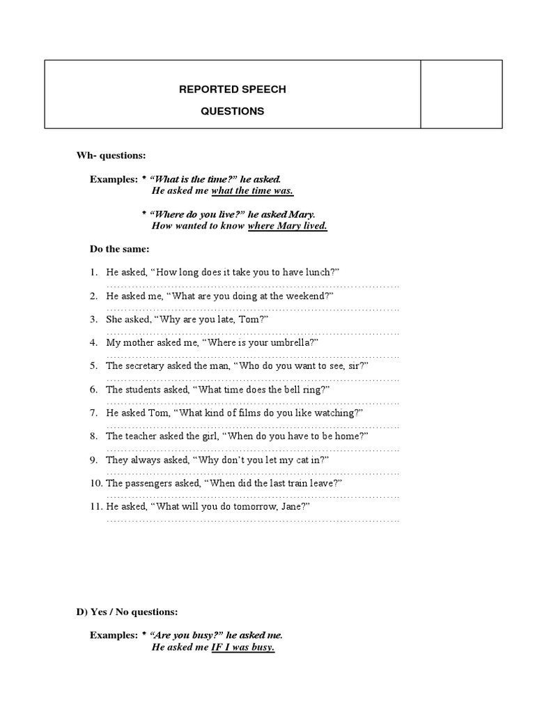 Reported Speech Questions B | PDF