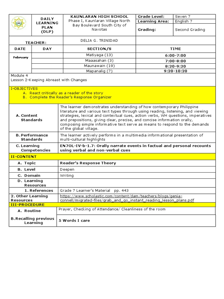 DLP Reader's Response Feb | PDF | Narrative | Reading Comprehension
