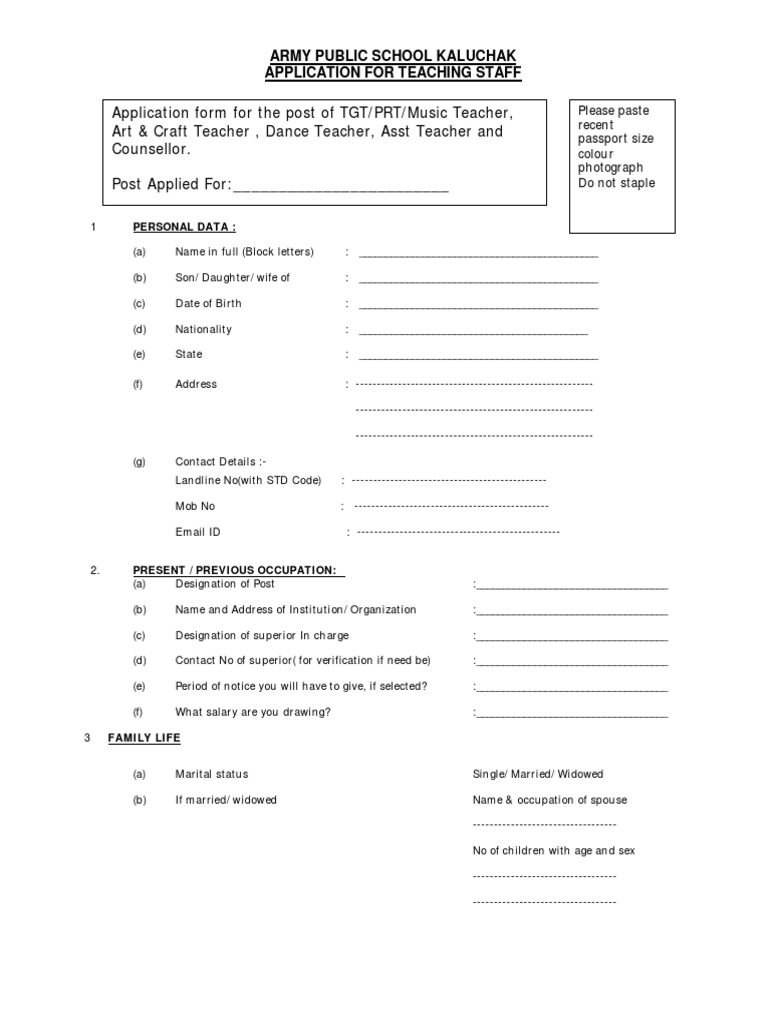 Application Form For The Post of TGT/PRT/Music Teacher, Art & Craft Teacher, Dance Teacher, Asst ...