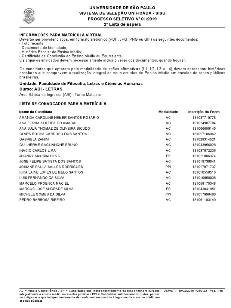 Lista de convocados para matrícula na Faculdade de Filosofia, Letras e Ciências Humanas da USP ...