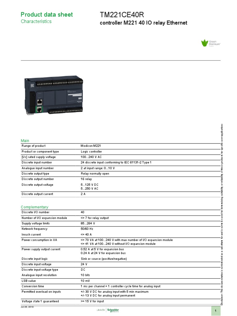 Logic Controller - Modicon M221 - TM221CE40R | PDF | Usb | Power Supply