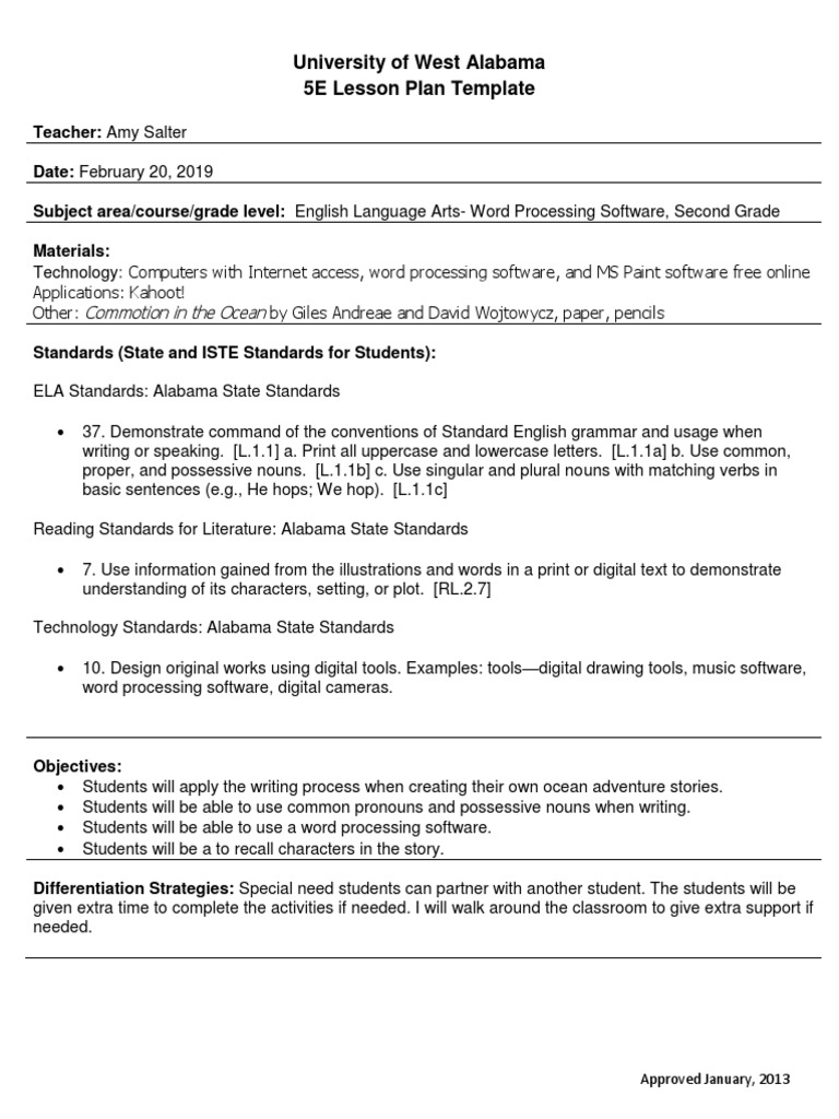 University of West Alabama 5E Lesson Plan Template: Approved January ...