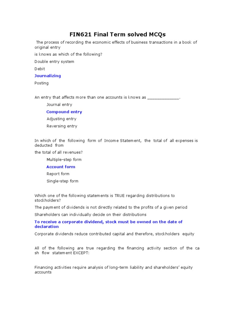 FIN621 Solved MCQs Finalterm Mega File | PDF | Debits And Credits ... FIN621 Solved MCQs Finalterm Mega File | PDF | Debits And Credits ...