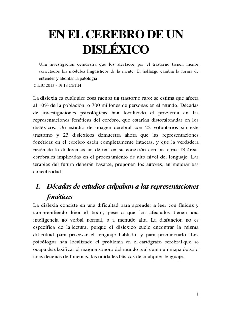 Cerebro de Un Disléxico | PDF | Dislexia | Cerebro