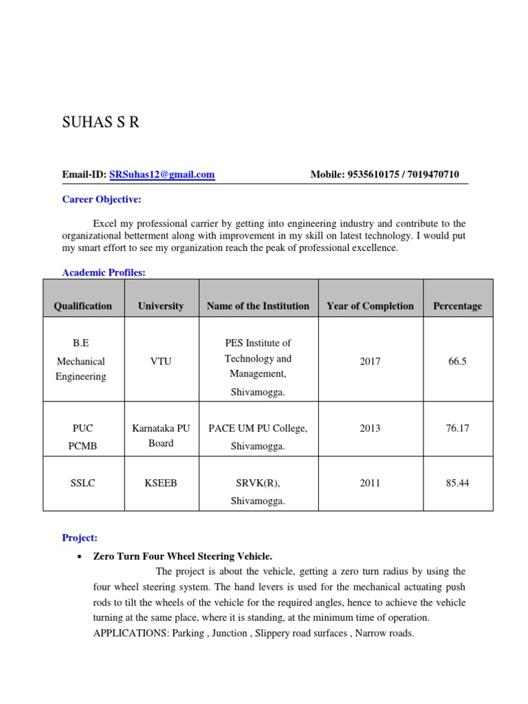 Suhas S R: Email-ID: Mobile: 9535610175 / 7019470710 | PDF