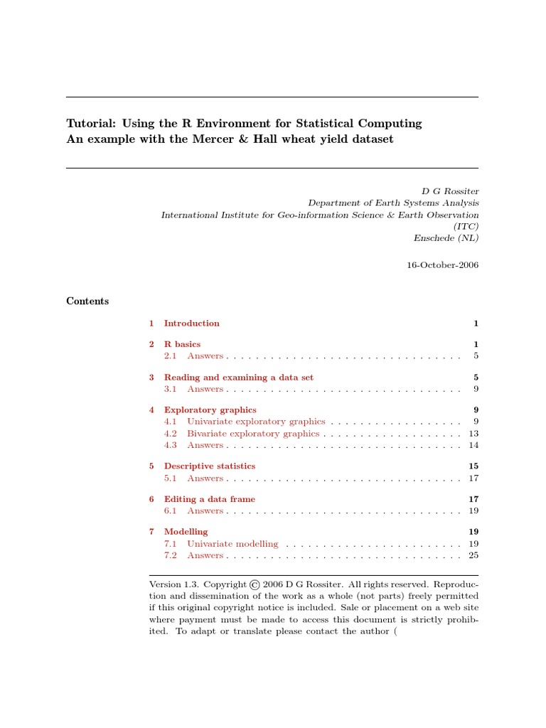 Tutorial: Using The R Environment For Statistical Computing An Example With The Mercer & Hall ...